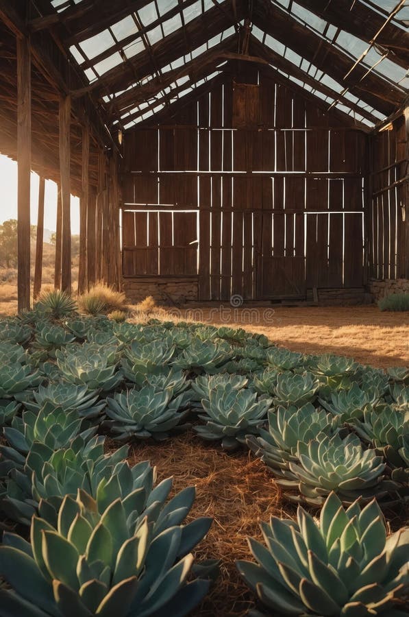 Rustic Barn with Succulents in Morning Sunlight: a Serene Botanical ...