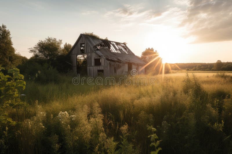 Abandoned Barn Surrounded by Overgrown Fields, with the Sun Setting in ...