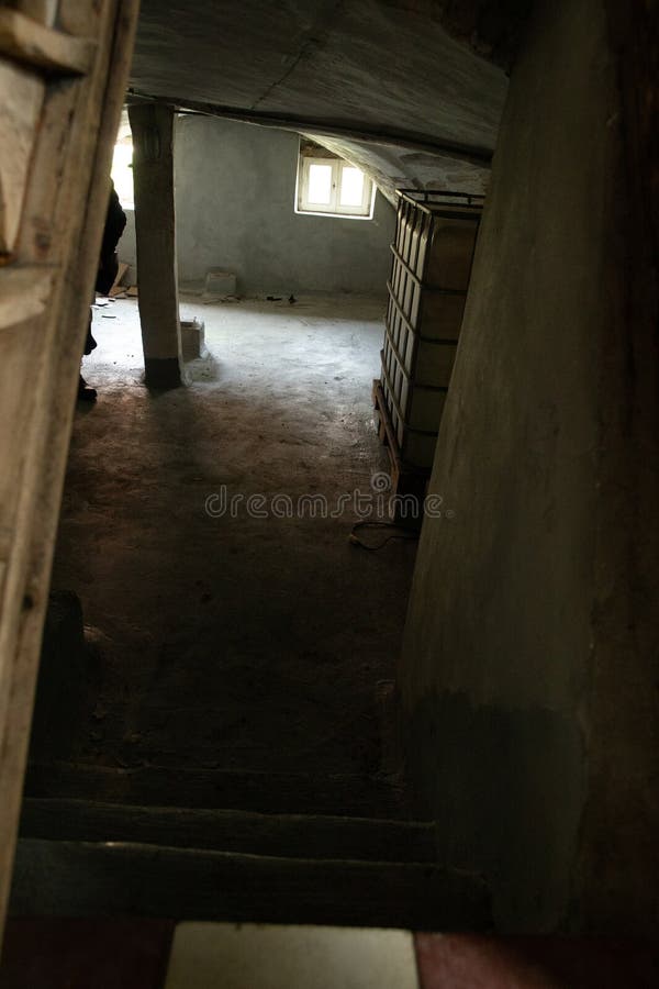 Abandoned Basement Interior with Concrete Walls and Dim Lighting Stock ...