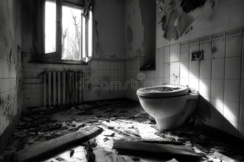Abandoned Bathroom with Broken Tiles and Natural Light through Window ...