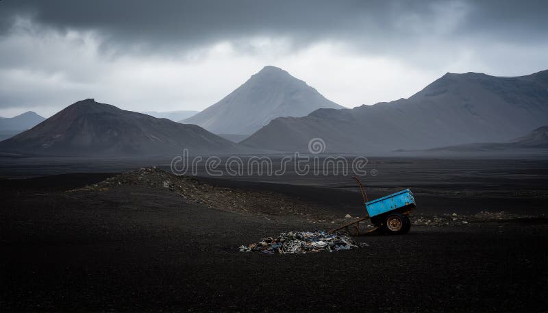 Abandoned Blue Cart in Desolate Landscape with Snow-capped Mountain ...