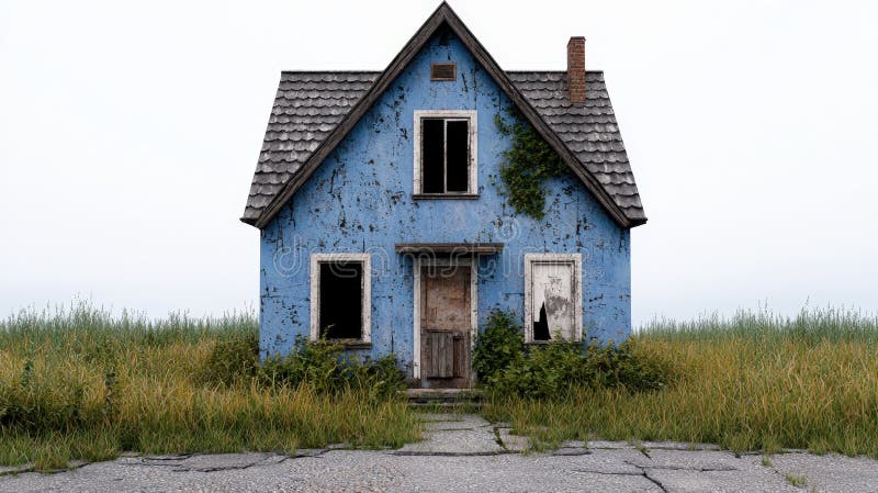 Abandoned Blue House with Overgrown Grass and Empty Windows Rustic ...