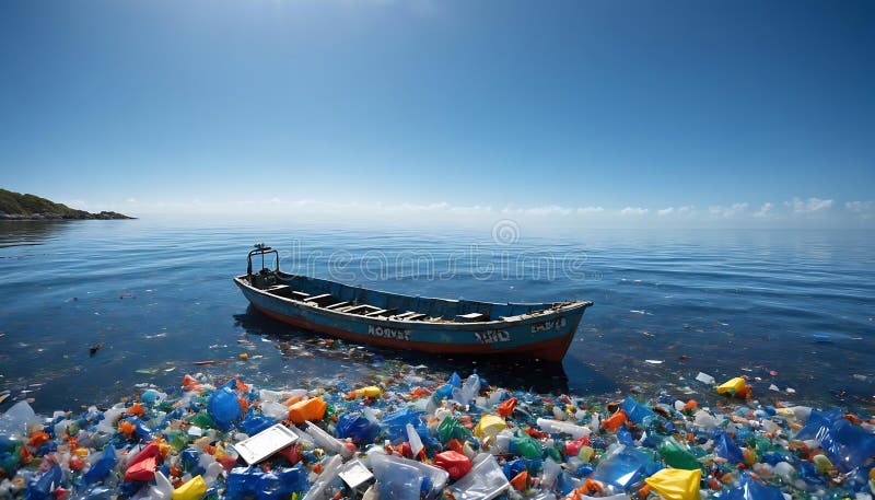 Abandoned Boat Amidst Ocean Pollution with Plastic Debris Stock ...