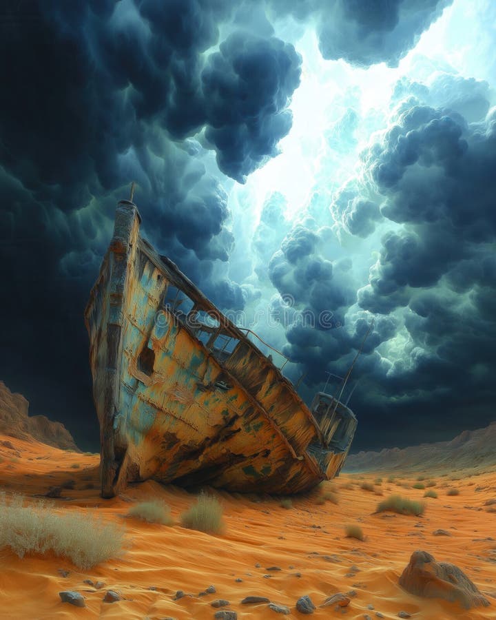 Abandoned Boat Falling Apart in the Desert Against the Backdrop of ...