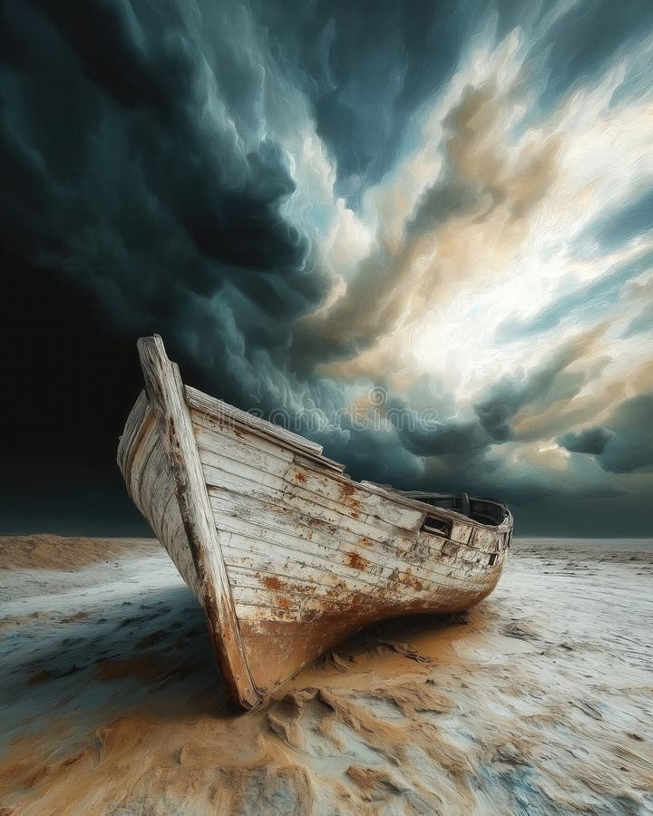 Abandoned Boat Falling Apart in the Desert Against the Backdrop of ...