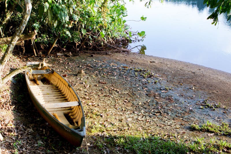 Abandoned Boat at the Shore of a Tropical River Stock Photo - Image of ...