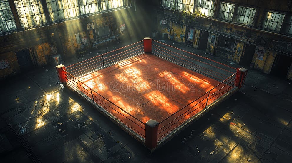 Abandoned Boxing Ring Illuminated by Sunlight in an Empty Warehouse ...