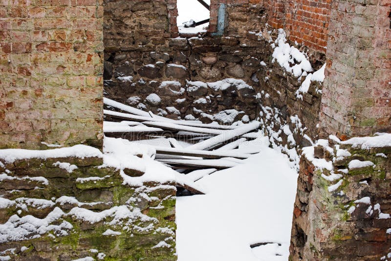 The Abandoned Brick Building Inside is Littered with Snow Stock Image ...