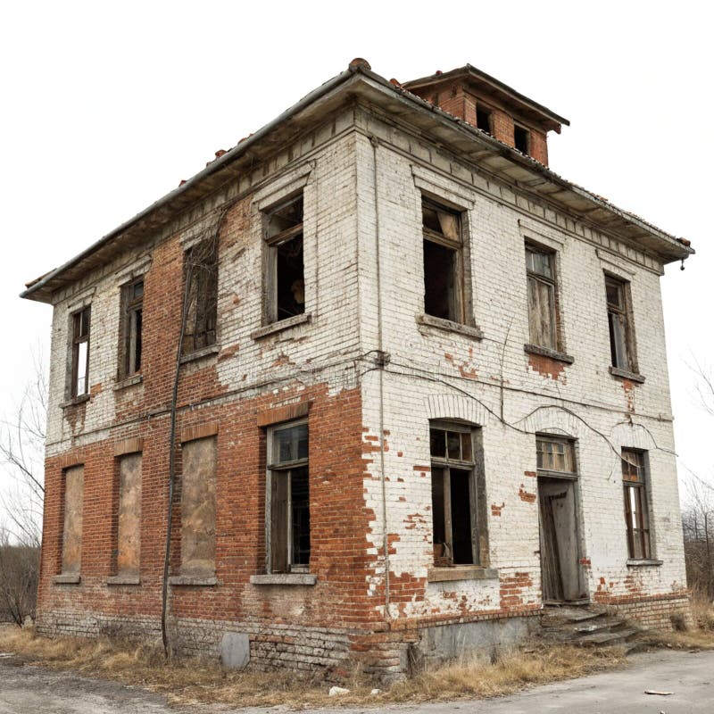 Abandoned Brick Building Isolated on White Background Stock ...