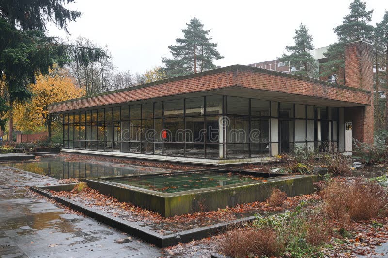 Abandoned Brick Building with Reflecting Pool in Autumn Stock ...