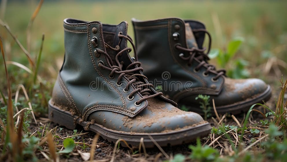 Abandoned Broken Military Boots Covered in Mud in a Field Stock ...
