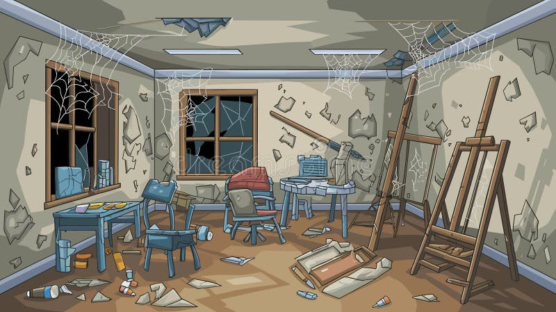 Abandoned Broken Paint Studio Interior with Dirty Walls, Damaged Artist ...