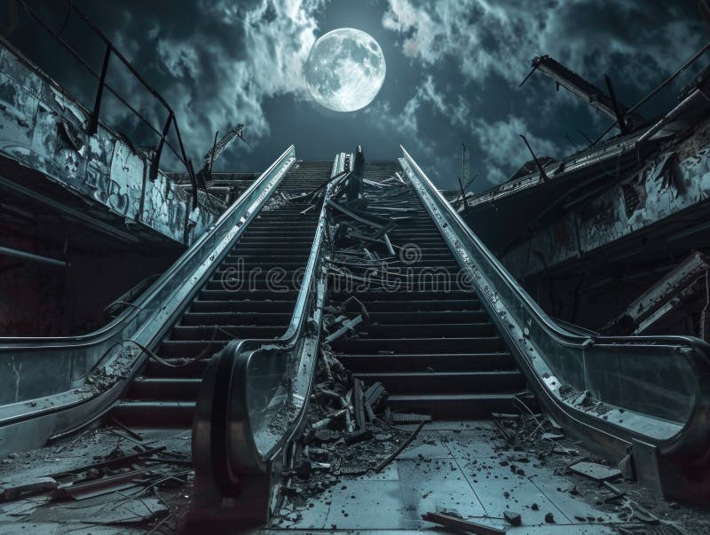 Abandoned Building Escalator Moonlight Stock Photos - Free & Royalty ...