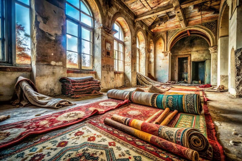Abandoned Building Interior Ancient Rugs Rolled Tight in Architectural ...