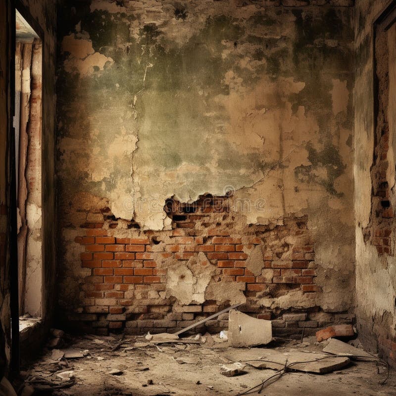 Abandoned Building Interior with a Brick Wall and Rubble Scattered ...