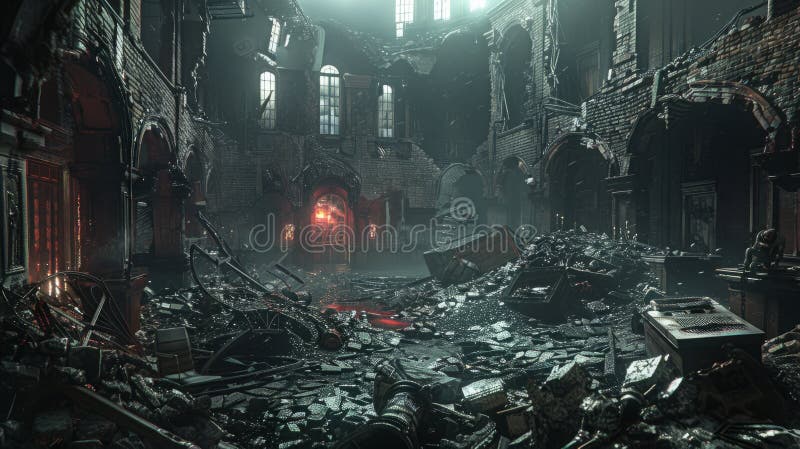 Abandoned Building Interior with Debris and Dim Lighting in a Post ...
