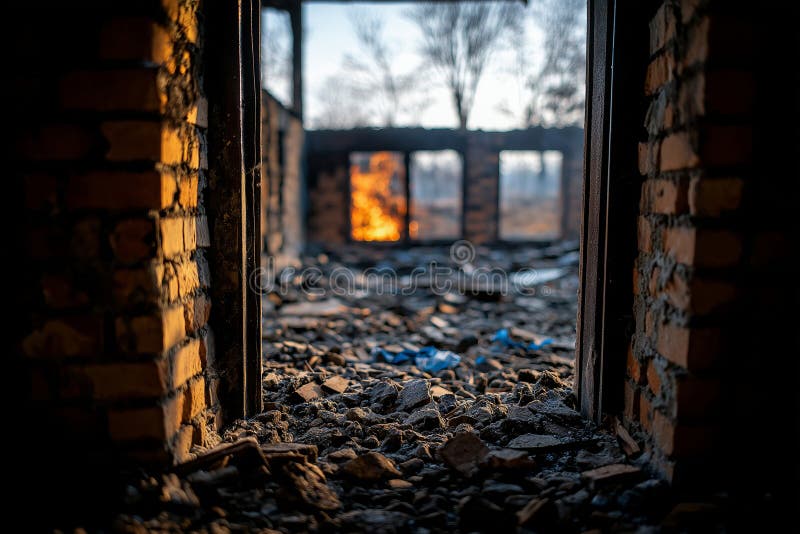 Abandoned Building Interior with Debris and Fire in Background ...