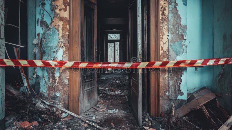Abandoned Building Interior with Red and White Caution Tape Blocking ...