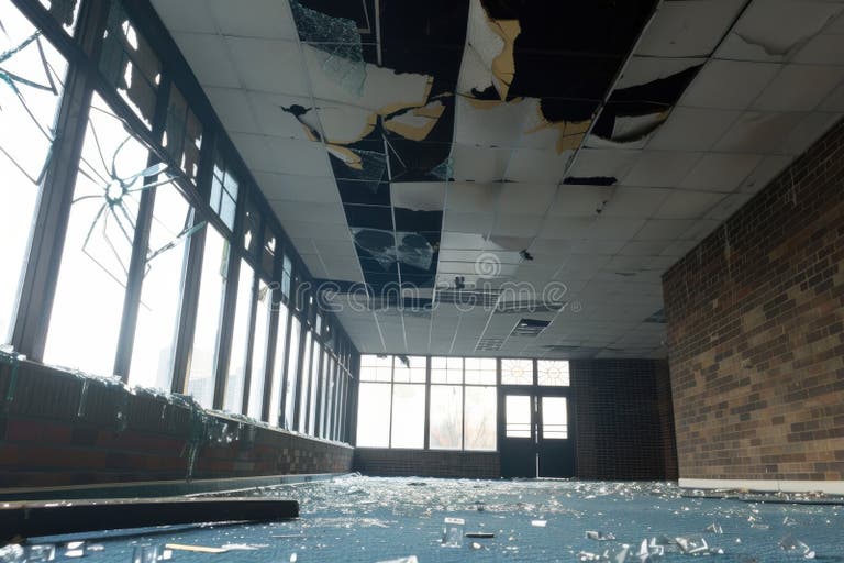 Abandoned Building Interior with Shattered Windows and Damaged Ceiling ...
