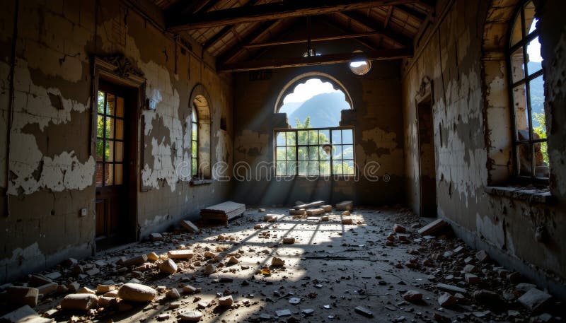 Abandoned Building Interior with Sunlight Streaming through Windows ...