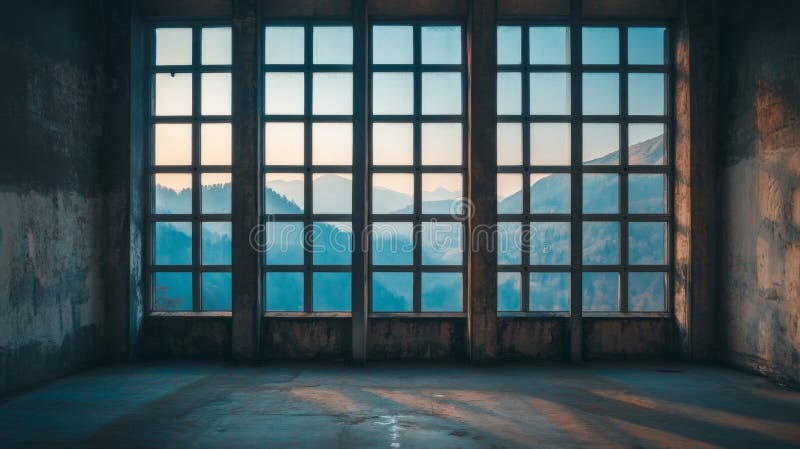 Abandoned Building Mountain View through Large Windows Stock ...