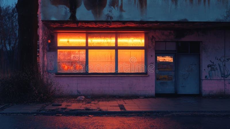 Abandoned Building at Night with Orange Window Light Stock Illustration ...
