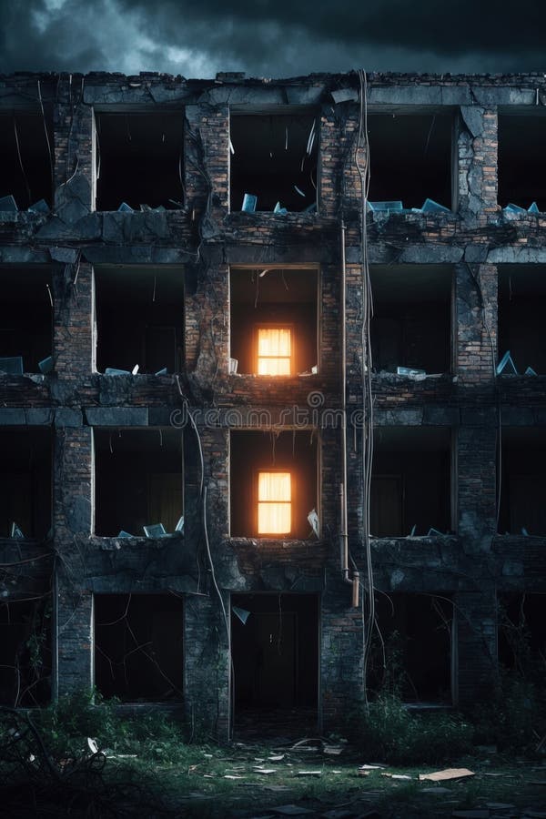 Abandoned Building with One Lit Window at Night Stock Illustration ...