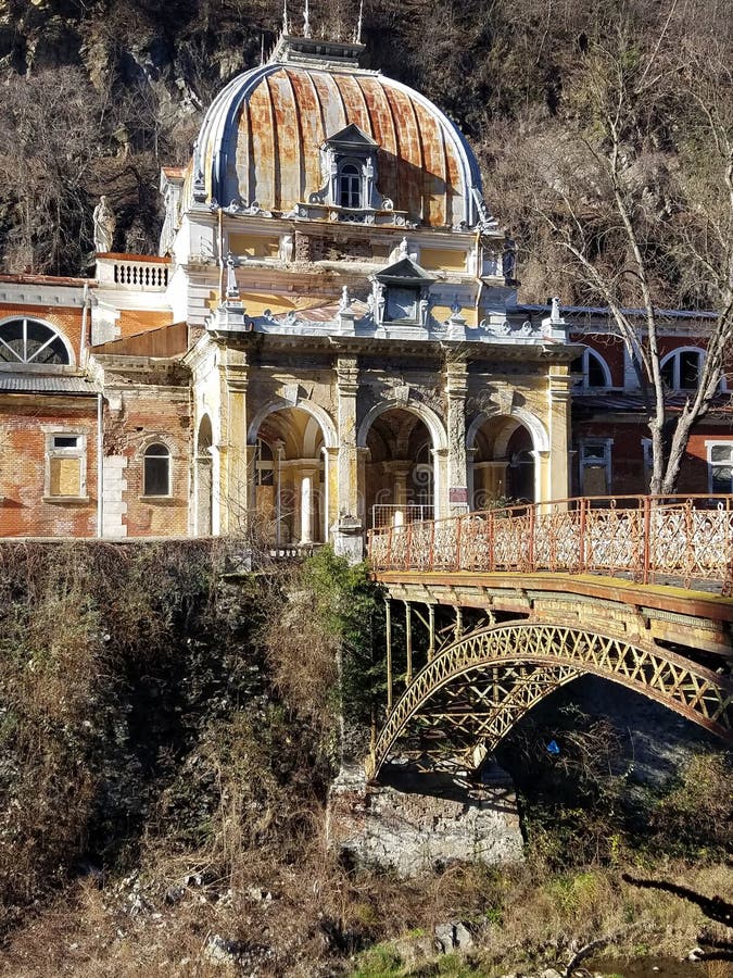 Abandoned Building and Rusty Bridge in Ruins Stock Photo - Image of ...