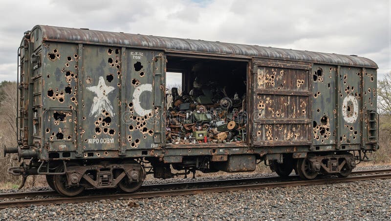 Abandoned Bullet Ridden Train Car with Decaying Military Cargo Stock ...