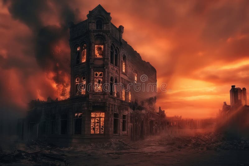 Abandoned Burning Building after Complete Destruction by Fire Stock ...