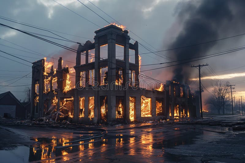 Abandoned Burning Building after Fire Completely Destroyed Stock Photo ...
