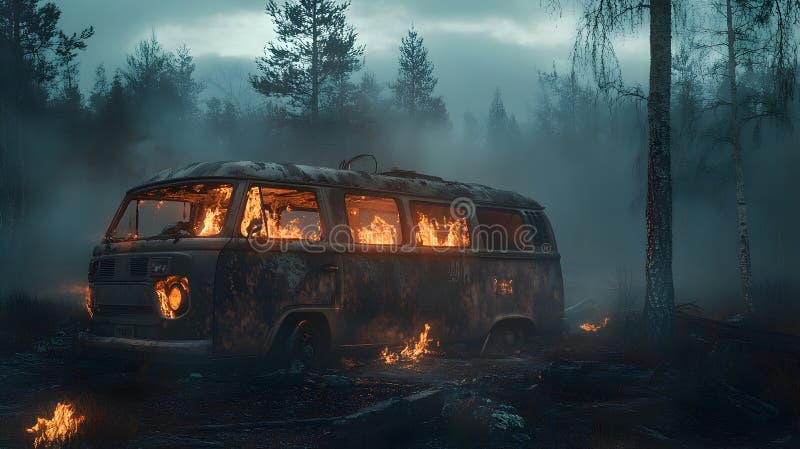 Abandoned Burning Van in Misty Forest at Dusk Stock Image - Image of ...