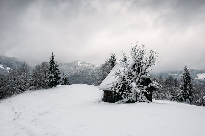 Abandoned Cabin in Snowy Mountains Stock Image - Image of frozen ...