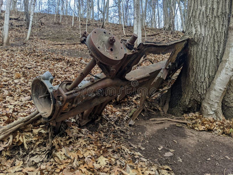 Abandoned Car Axle and Frame Intertwined with Tree in Forested Area ...