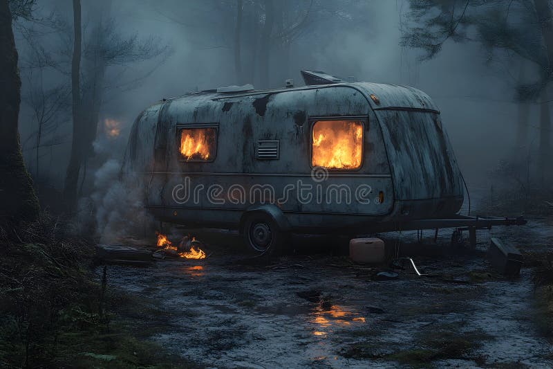 Abandoned Caravan on Fire in Misty Forest at Dusk Stock Photo - Image ...