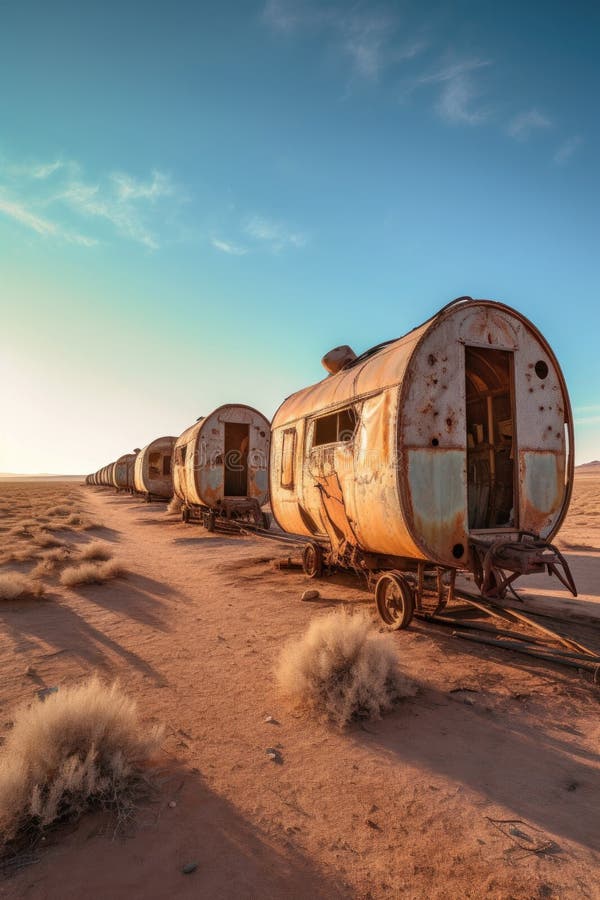 Abandoned Caravan Wagons in a Desert Landscape Stock Photo - Image of ...