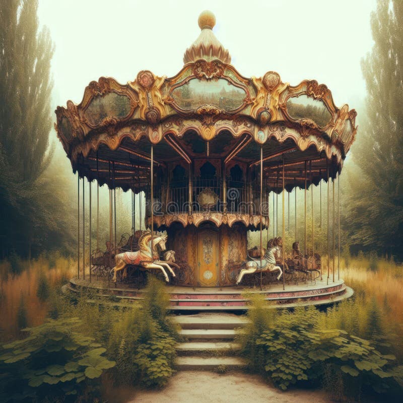 An Abandoned Carousel in an Overgrown Park. Stock Image - Image of ...