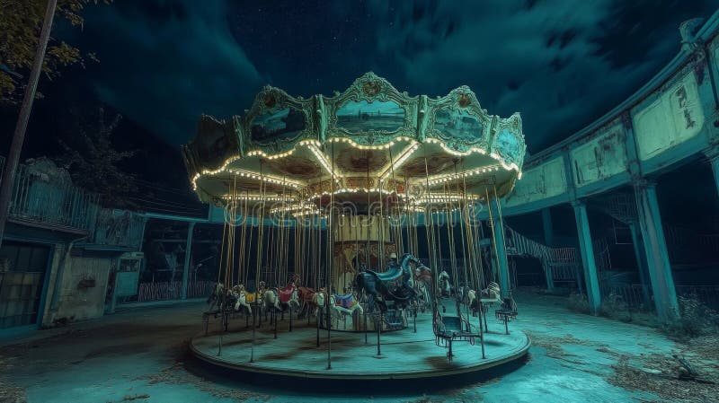 An Abandoned Carousel Under a Starry Night Sky Stock Illustration ...