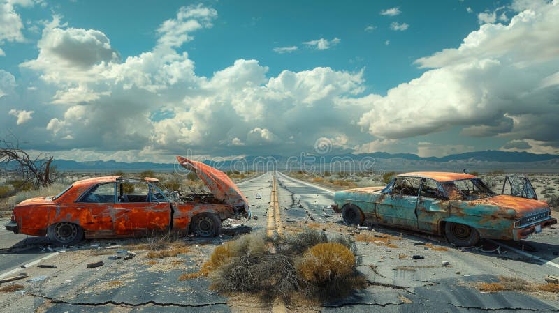 Abandoned Cars on Deserted Road Generative AI Stock Illustration ...