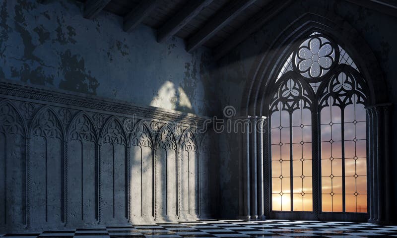 Abandoned Castle with a Large Gothic Window Sunset Rays Stock ...