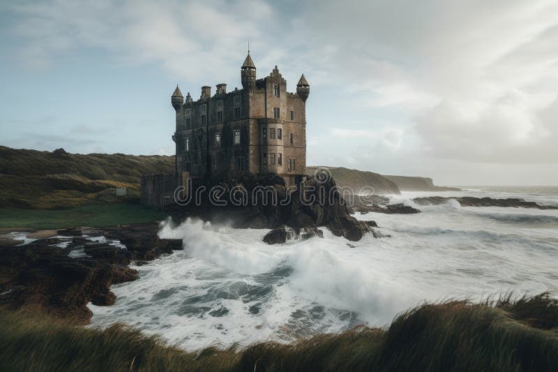 Abandoned Castle Overlooking the Sea, with Waves Crashing Against the ...