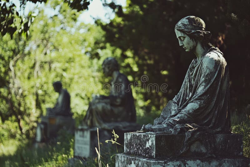 An Abandoned Cemetery Featuring Broken Statues and Overgrown Vegetation ...