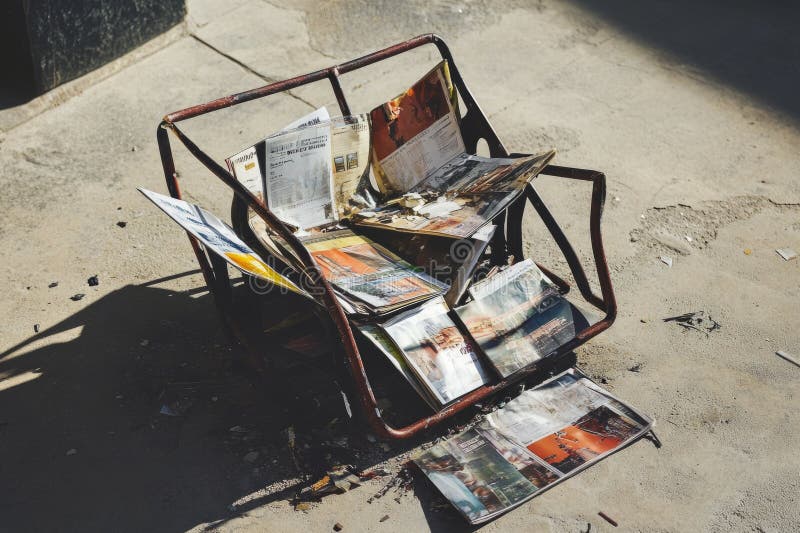 An Abandoned Chair Holds Scattered Magazines. the Sunlight Casts an ...