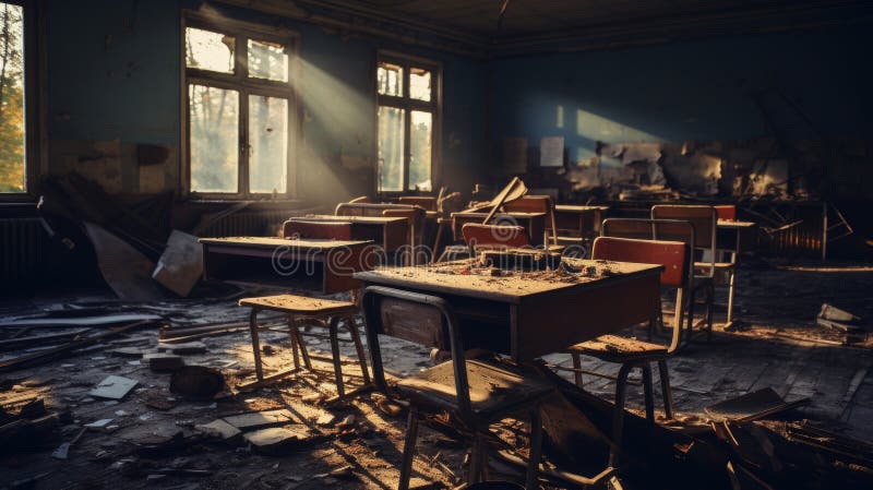 Abandoned Classroom with Broken Desks, Echoes of Learning Stock ...