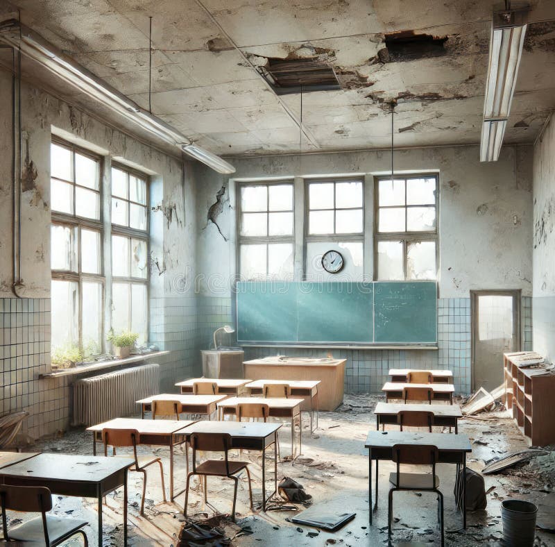 An Abandoned Classroom with Collapsing Walls. Stock Image - Image of ...