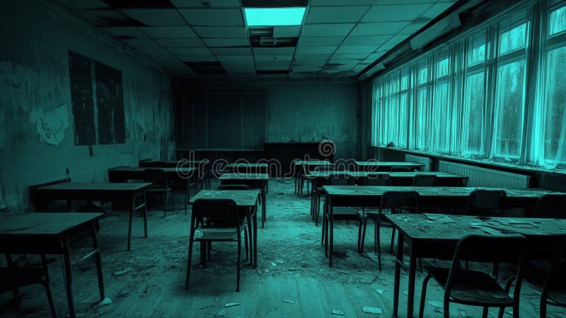 An Abandoned Classroom in a Decaying Building is Illuminated by an ...