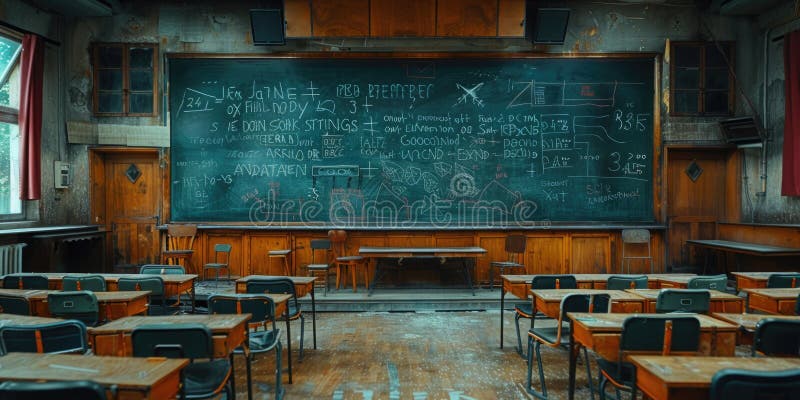 Abandoned Classroom with Desks and Chalkboard Stock Photo - Image of ...