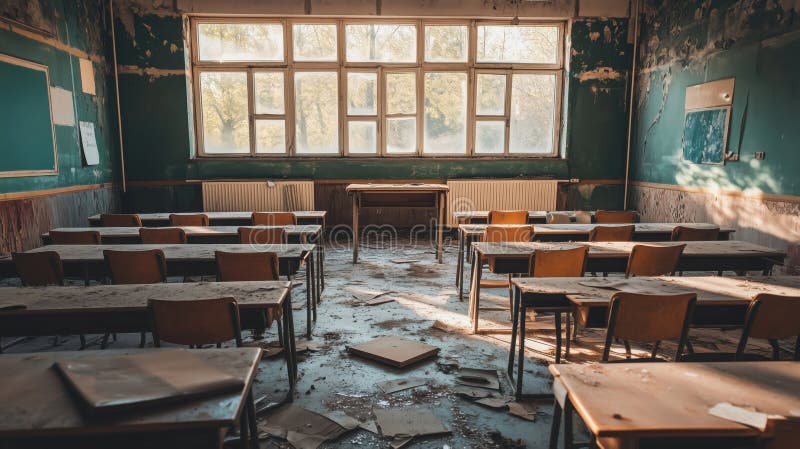 Abandoned Classroom with Dusty Desks and Sunlight Stock Image - Image ...