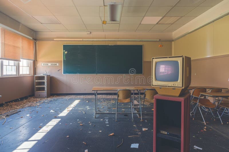 Abandoned Classroom with Old TV, Representing Neglect, Decay, Past ...