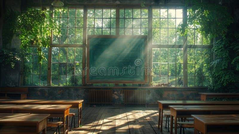Abandoned Classroom with Overgrown Greenery - Generative AI Stock ...